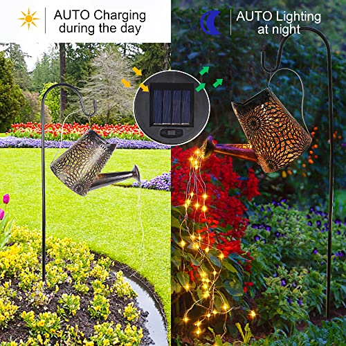 Glintoper 2 Pack Outdoor Solar Watering Can Garden Lights, Metal Waterfall Figurine Lights with Shepherd Hook, Decorative Yard Art for Mom, Mothers Day Ideal Gifts, for Patio Walkway Pathway Lawn