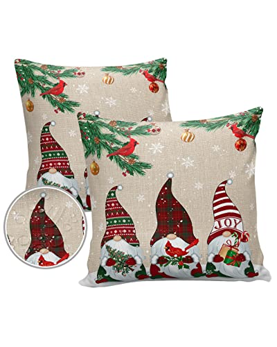 Christmas Gnomes Outdoor Pillow Covers 18 x 18 Inches, Winter Snowflake Waterproof Throw Pillow Cover Set of 2, Xmas Balls Pine ConeHome Decorative Square Cushion Covers for Patio/Tent/Couch/Garden