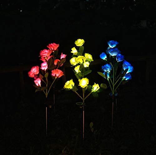 Solar Garden Rose Lights, Decorman 2 Pack Realistic Solar Outdoor Flower Lights Waterproof LED Stake Landscape Decorative Lights with 10 Roses for Garden, Lawn, Yard, Pathway, Patio, Backyard (Yellow)