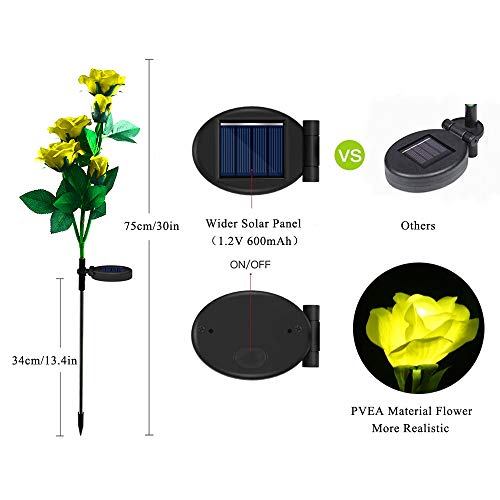 Solar Garden Rose Lights, Decorman 2 Pack Realistic Solar Outdoor Flower Lights Waterproof LED Stake Landscape Decorative Lights with 10 Roses for Garden, Lawn, Yard, Pathway, Patio, Backyard (Yellow)