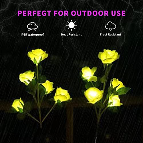 Solar Garden Rose Lights, Decorman 2 Pack Realistic Solar Outdoor Flower Lights Waterproof LED Stake Landscape Decorative Lights with 10 Roses for Garden, Lawn, Yard, Pathway, Patio, Backyard (Yellow)