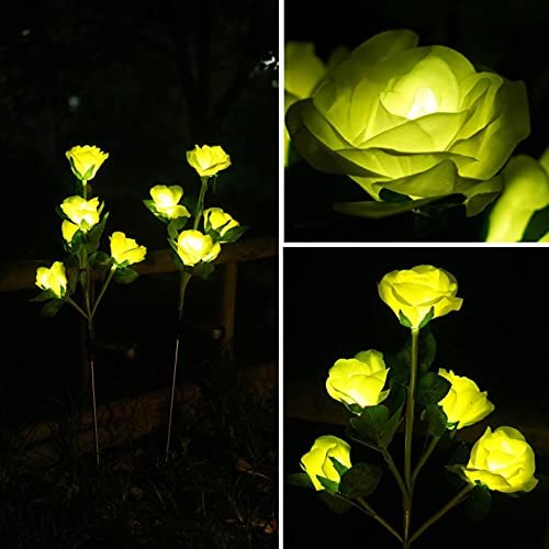 Solar Garden Rose Lights, Decorman 2 Pack Realistic Solar Outdoor Flower Lights Waterproof LED Stake Landscape Decorative Lights with 10 Roses for Garden, Lawn, Yard, Pathway, Patio, Backyard (Yellow)