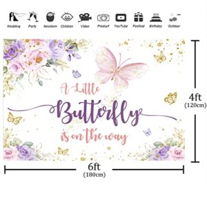 Aperturee 6x4ft Butterfly Baby Shower Backdrop A Little Butterfly is on The Way Photo Purple and Pink Floral Gold Spots Flowers Photography Background Princess Girl Party Decoration Banner Photo Booth