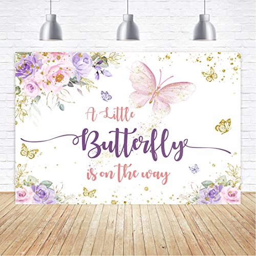 Aperturee 6x4ft Butterfly Baby Shower Backdrop A Little Butterfly is on The Way Photo Purple and Pink Floral Gold Spots Flowers Photography Background Princess Girl Party Decoration Banner Photo Booth