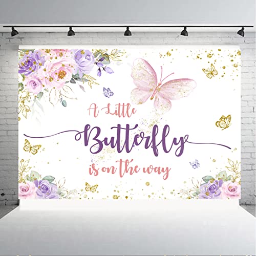 Aperturee 6x4ft Butterfly Baby Shower Backdrop A Little Butterfly is on The Way Photo Purple and Pink Floral Gold Spots Flowers Photography Background Princess Girl Party Decoration Banner Photo Booth