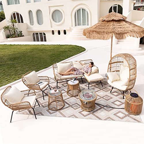 BULEXYARD 9 Piece Boho Patio Furniture Sets with Propane Fire Pit Table, Small Outdoor Bistro Chairs Sectional Sofa Conversation Set w/Gas Firepit, Egg Chair, Ice Bucket for Backyard, Lawn (Natural)