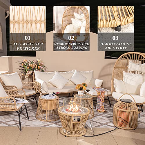 BULEXYARD 9 Piece Boho Patio Furniture Sets with Propane Fire Pit Table, Small Outdoor Bistro Chairs Sectional Sofa Conversation Set w/Gas Firepit, Egg Chair, Ice Bucket for Backyard, Lawn (Natural)