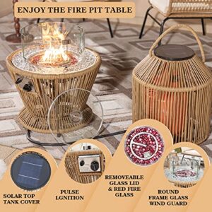 BULEXYARD 9 Piece Boho Patio Furniture Sets with Propane Fire Pit Table, Small Outdoor Bistro Chairs Sectional Sofa Conversation Set w/Gas Firepit, Egg Chair, Ice Bucket for Backyard, Lawn (Natural)