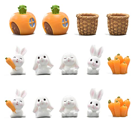 LONCESS Rabbit and Carrot Fairy Garden Accessories, Fairy Garden Kit, DIY Micro Landscape Ornaments for Easter Bunny Decor Garden Potted Plant Terrarium Decor Fairy Garden Miniatures 14 Pcs