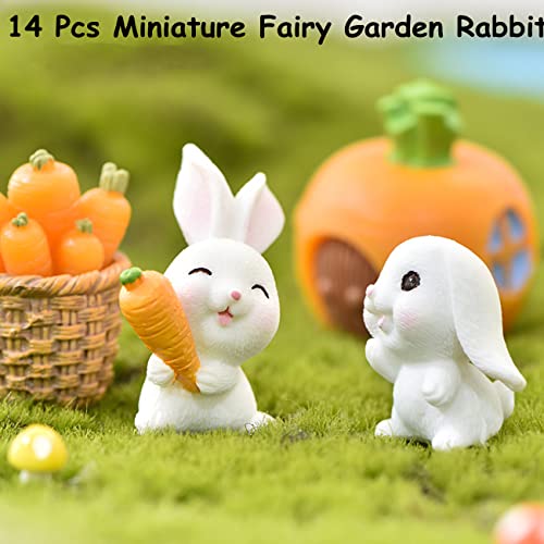 LONCESS Rabbit and Carrot Fairy Garden Accessories, Fairy Garden Kit, DIY Micro Landscape Ornaments for Easter Bunny Decor Garden Potted Plant Terrarium Decor Fairy Garden Miniatures 14 Pcs