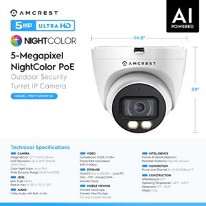 Amcrest Night Color AI Turret IP PoE Camera w/ 98ft Full Color Nightvision, Security IP Camera Outdoor, Built-in Microphone, Human & Vehicle Detection, 98° FOV, 5MP@20fps IP5M-T1273EW-AI