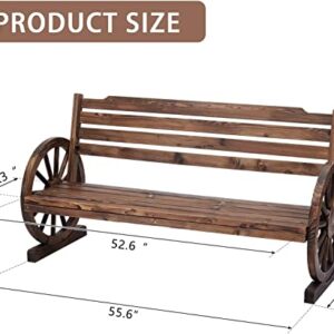 Kinlife Outdoor Bench Porch Bench 2-Person Wooden Wagon Wheel Garden Bench, Wagon Slatted Seat with Backrest for Backyard, Patio, Garden