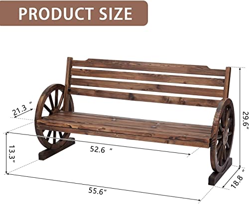 Kinlife Outdoor Bench Porch Bench 2-Person Wooden Wagon Wheel Garden Bench, Wagon Slatted Seat with Backrest for Backyard, Patio, Garden