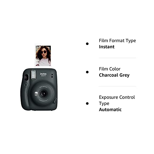 Fujifilm Instax Mini 11 Instant Film Camera with Automatic Exposure and Flash, Fujinon 60mm Lens with Selfie Mirror, Optical Viewfinder - Charcoal Grey (Renewed)