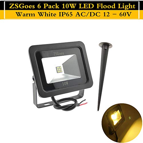 ZSGoes 6 Pack Warm White 10W LED Flood Light Outdoor Waterproof IP65, Wall Security Landscape Lamp, Home, Square, Yard, Garage, Street, Pathway, Spike Stand, Low Voltage 12V 24V 36V 48V 60V DC AC