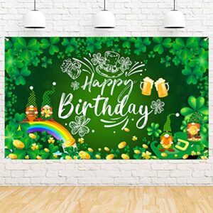 ushinemi st patricks day birthday decorations, st. patrick’s day happy birthday backdrop banner, lucky clover shamrock gnome birthday party background 6 x 3.6 ft