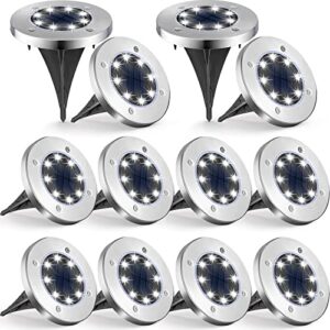 ufond 12 pack solar ground lights，outdoor waterproof led solar garden lights, disk lights for lawn pathway yard walkway driveway patio deck, solar lights (cold white)