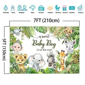 Mocsicka Safari Baby Shower Backdrop Jungle Animals Baby Shower Background Zoo Animals Boy Baby Shower Party Cake Table Decoration Banner (7x5ft)