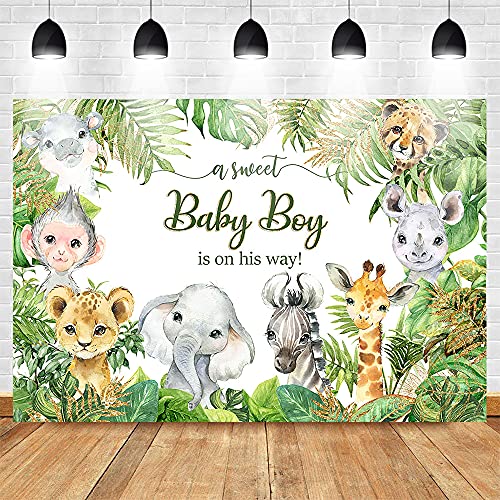 Mocsicka Safari Baby Shower Backdrop Jungle Animals Baby Shower Background Zoo Animals Boy Baby Shower Party Cake Table Decoration Banner (7x5ft)