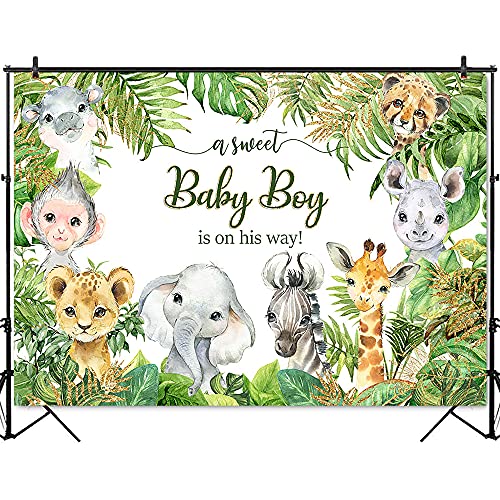 Mocsicka Safari Baby Shower Backdrop Jungle Animals Baby Shower Background Zoo Animals Boy Baby Shower Party Cake Table Decoration Banner (7x5ft)