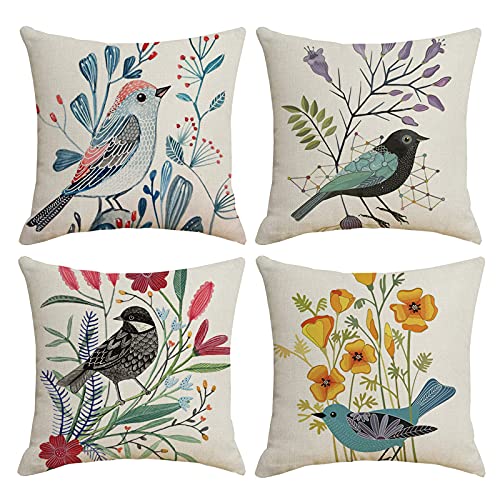 Waterproof Throw Pillow Covers 4 Pack Outdoor Farmhouse Linen Cushion Covers Square Decorative Pillow Cases for Patio Garden, Bird 18x18 inches