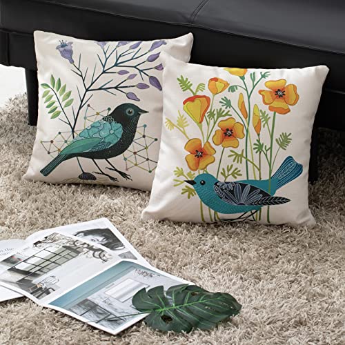 Waterproof Throw Pillow Covers 4 Pack Outdoor Farmhouse Linen Cushion Covers Square Decorative Pillow Cases for Patio Garden, Bird 18x18 inches