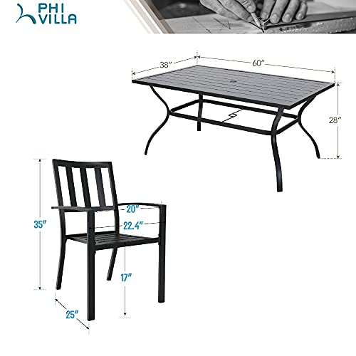 PHI VILLA 7 Piece Outdoor Patio Dining Set for 6, 60” Rectangular Metal Dining Table with Umbrella Hole & 6 Metal Stackable Chairs for Deck, Yard, Garden