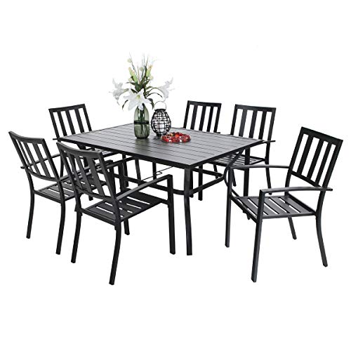 PHI VILLA 7 Piece Outdoor Patio Dining Set for 6, 60” Rectangular Metal Dining Table with Umbrella Hole & 6 Metal Stackable Chairs for Deck, Yard, Garden