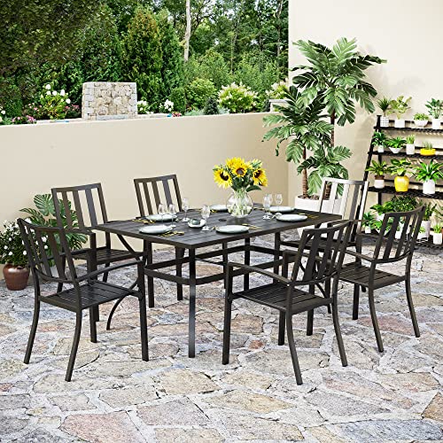 PHI VILLA 7 Piece Outdoor Patio Dining Set for 6, 60” Rectangular Metal Dining Table with Umbrella Hole & 6 Metal Stackable Chairs for Deck, Yard, Garden