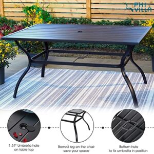 PHI VILLA 7 Piece Outdoor Patio Dining Set for 6, 60” Rectangular Metal Dining Table with Umbrella Hole & 6 Metal Stackable Chairs for Deck, Yard, Garden