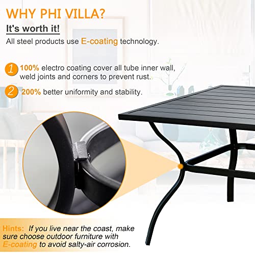 PHI VILLA 7 Piece Outdoor Patio Dining Set for 6, 60” Rectangular Metal Dining Table with Umbrella Hole & 6 Metal Stackable Chairs for Deck, Yard, Garden