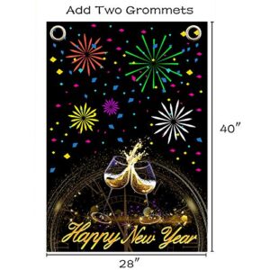 New Years Flag,Happy New Year Garden Flag 28 x 40 Inch Double Sided Fireworks Wine Glass Clock Happy New Year House Flag for New Year Greettings or Decoration with 2 Grommets