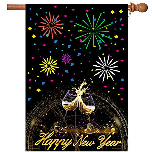 New Years Flag,Happy New Year Garden Flag 28 x 40 Inch Double Sided Fireworks Wine Glass Clock Happy New Year House Flag for New Year Greettings or Decoration with 2 Grommets