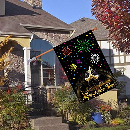 New Years Flag,Happy New Year Garden Flag 28 x 40 Inch Double Sided Fireworks Wine Glass Clock Happy New Year House Flag for New Year Greettings or Decoration with 2 Grommets