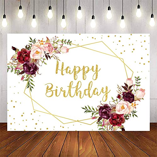 Avezano Burgundy Floral Happy Birthday Backdrop for Women Rose Gold Dots Birthday Photography Background Lady 30th 40th Bday Banner(7x5ft)