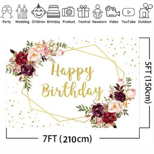 Avezano Burgundy Floral Happy Birthday Backdrop for Women Rose Gold Dots Birthday Photography Background Lady 30th 40th Bday Banner(7x5ft)