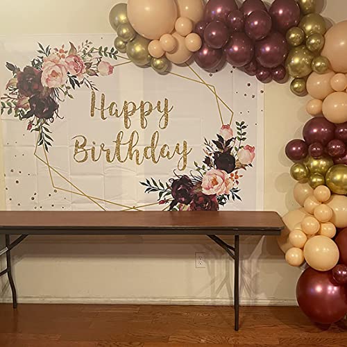 Avezano Burgundy Floral Happy Birthday Backdrop for Women Rose Gold Dots Birthday Photography Background Lady 30th 40th Bday Banner(7x5ft)