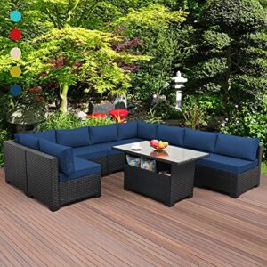 9 pieces patio furniture sectional sofa outdoor wicker furniture couch set with blue non-slip cushions furniture cover black pe rattan