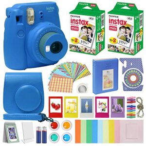 fujifilm instax mini 9 – instant camera cobalt blue with carrying case + fuji instax film value pack (40 sheets) accessories bundle, color filters, photo album, assorted frames, selfie lens + more