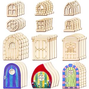 halandar 48 pcs fairy door wooden garden doors craft mini window fairy house diy kit unfinished miniature door unpainted fairy window accessories for wall home party decoration (antique style)