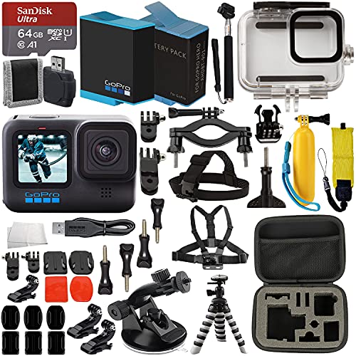 SSE GoPro HERO10 (Hero 10) Black with Premium Accessory Bundle: SanDisk Ultra 64GB microSD Memory Card, Replacement Battery, Underwater Housing, Protective Case & Much More