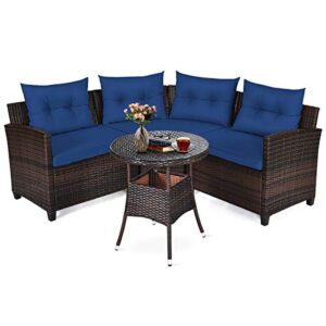 tangkula 4-piece patio furniture set, c-shape outdoor wicker sectional sofa set, w/cushions & glass coffee table, modern deck rattan furniture for garden poolside balcony (navy blue)