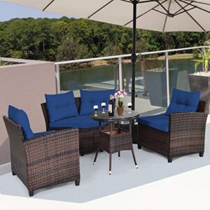 Tangkula 4-Piece Patio Furniture Set, C-Shape Outdoor Wicker Sectional Sofa Set, w/Cushions & Glass Coffee Table, Modern Deck Rattan Furniture for Garden Poolside Balcony (Navy Blue)