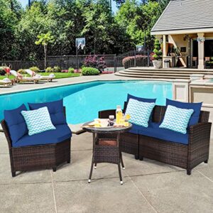 Tangkula 4-Piece Patio Furniture Set, C-Shape Outdoor Wicker Sectional Sofa Set, w/Cushions & Glass Coffee Table, Modern Deck Rattan Furniture for Garden Poolside Balcony (Navy Blue)