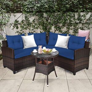 Tangkula 4-Piece Patio Furniture Set, C-Shape Outdoor Wicker Sectional Sofa Set, w/Cushions & Glass Coffee Table, Modern Deck Rattan Furniture for Garden Poolside Balcony (Navy Blue)