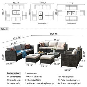 ovios Patio Furniture Set, 12 PCS Big Size Outdoor Furniture Set All Weather Rattan Wicker Sofa Sectional Set with Glass Table, Garden, Backyard, No Assembly Required (Grey-Beige)