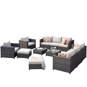 ovios Patio Furniture Set, 12 PCS Big Size Outdoor Furniture Set All Weather Rattan Wicker Sofa Sectional Set with Glass Table, Garden, Backyard, No Assembly Required (Grey-Beige)