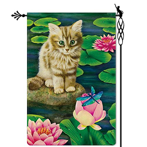 Kenomi Cute Cat Garden Flag Funny Lotus Dragonfly Garden Flag Vertical Double Sided Rustic Farmland Burlap Yard Lawn Outdoor Decor 12.5x18"