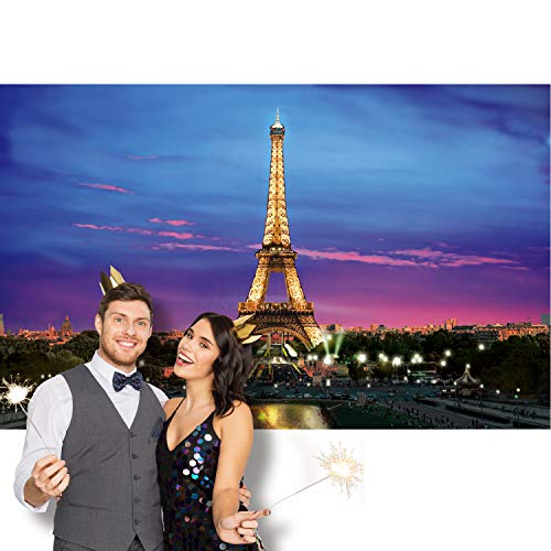 Paris Eiffel Tower Backdrop Banner Background Photo Booth Prop, Paris Night View Props Wall Photography Background Banner 6 x 3.6 Feet with 4 Copper Holes and 19.7 ft Black String