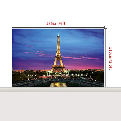 Paris Eiffel Tower Backdrop Banner Background Photo Booth Prop, Paris Night View Props Wall Photography Background Banner 6 x 3.6 Feet with 4 Copper Holes and 19.7 ft Black String